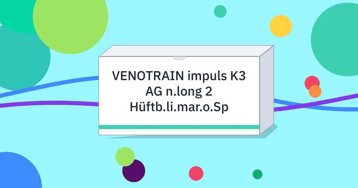 Symbolbild: Packung mit der Aufschrift VENOTRAIN impuls K3 AG n.long 2 Hüftb.li.mar.o.Sp (PZN 15220285) – Verfügbarkeit und Bezug in Apotheken in Frankfurt am Main