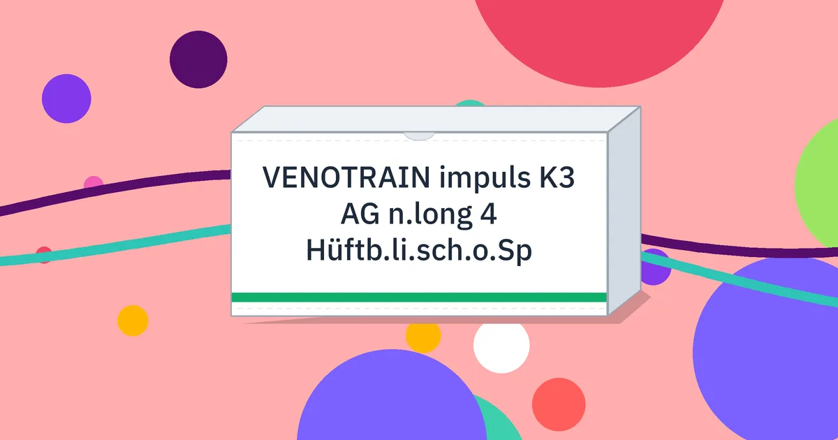Symbolbild: Packung mit der Aufschrift VENOTRAIN impuls K3 AG n.long 4 Hüftb.li.sch.o.Sp (PZN 10295930) – Verfügbarkeit und Bezug in Apotheken in Frankfurt am Main