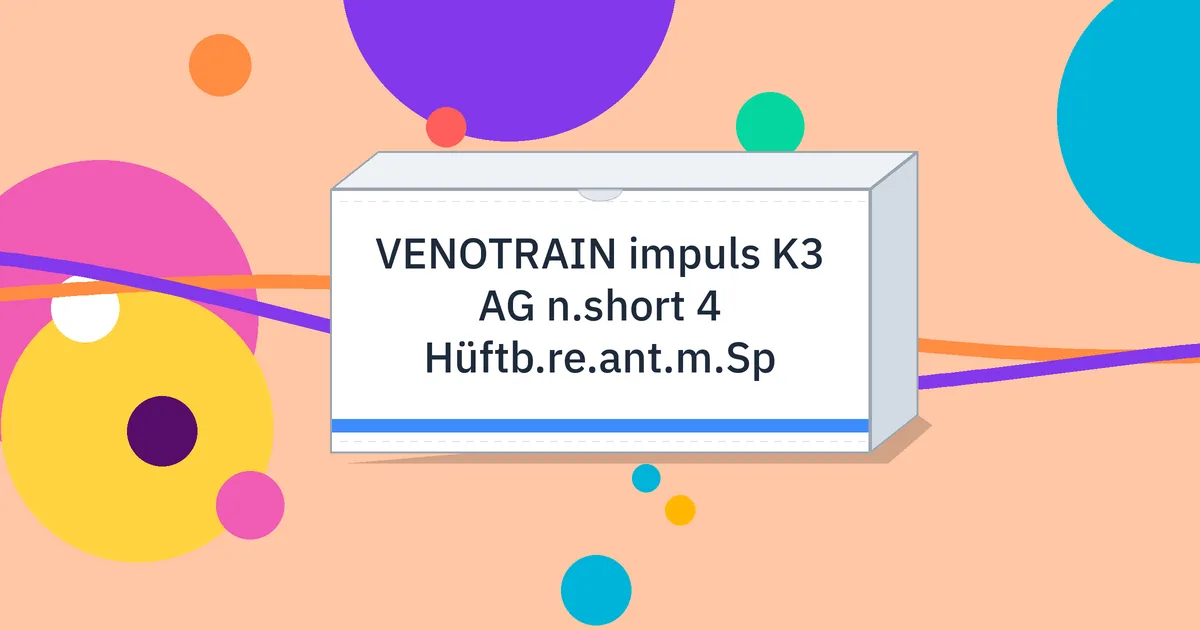 Symbolbild: Packung mit der Aufschrift VENOTRAIN impuls K3 AG n.short 4 Hüftb.re.ant.m.Sp (PZN 15218153) – Verfügbarkeit und Bezug in Apotheken in Frankfurt am Main