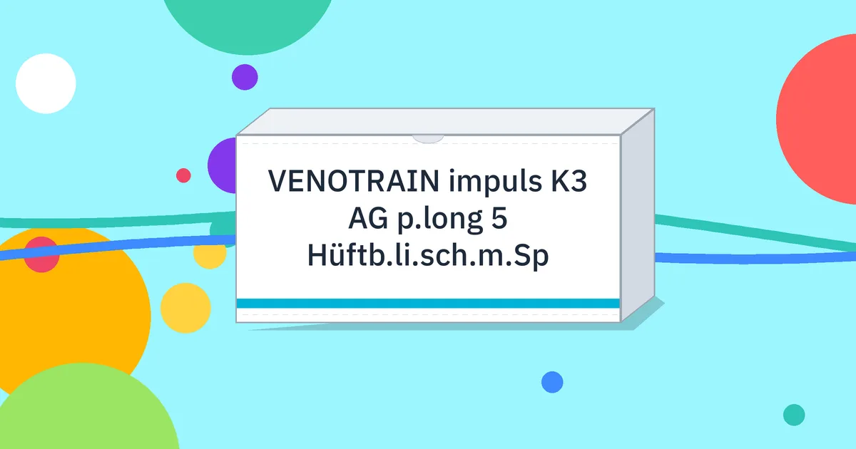 Symbolbild: Packung mit der Aufschrift VENOTRAIN impuls K3 AG p.long 5 Hüftb.li.sch.m.Sp (PZN 10295829) – Verfügbarkeit und Bezug in Apotheken in Frankfurt am Main