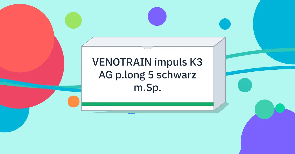 Symbolbild: Packung mit der Aufschrift VENOTRAIN impuls K3 AG p.long 5 schwarz m.Sp. (PZN 00499637) – Verfügbarkeit und Bezug in Apotheken in Frankfurt am Main