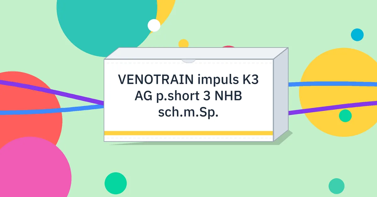 Symbolbild: Packung mit der Aufschrift VENOTRAIN impuls K3 AG p.short 3 NHB sch.m.Sp. (PZN 00524832) – Verfügbarkeit und Bezug in Apotheken in Frankfurt am Main