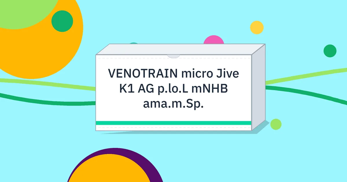 Symbolbild: Packung mit der Aufschrift VENOTRAIN micro Jive K1 AG p.lo.L mNHB ama.m.Sp. (PZN 17759580) – Verfügbarkeit und Bezug in Apotheken in Frankfurt am Main