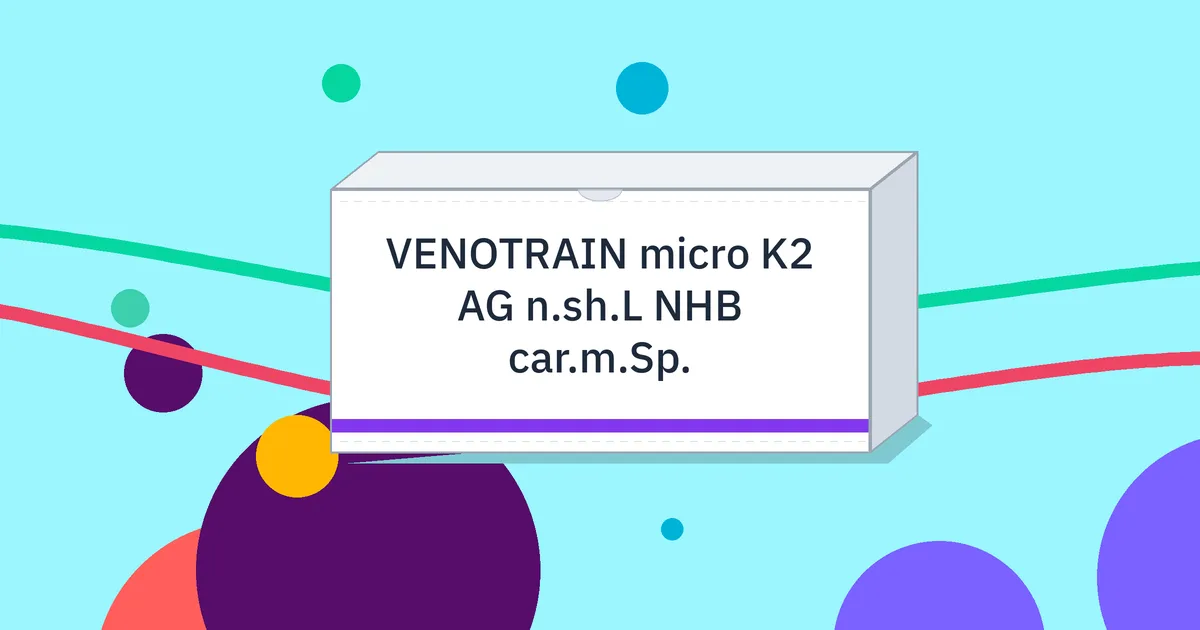 Symbolbild: Packung mit der Aufschrift VENOTRAIN micro K2 AG n.sh.L NHB car.m.Sp. (PZN 00418047) – Verfügbarkeit und Bezug in Apotheken in Frankfurt am Main