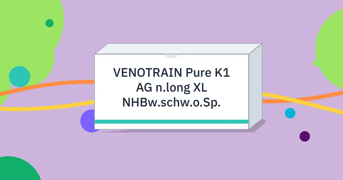 Symbolbild: Packung mit der Aufschrift VENOTRAIN Pure K1 AG n.long XL NHBw.schw.o.Sp. (PZN 18150898) – Verfügbarkeit und Bezug in Apotheken in Frankfurt am Main