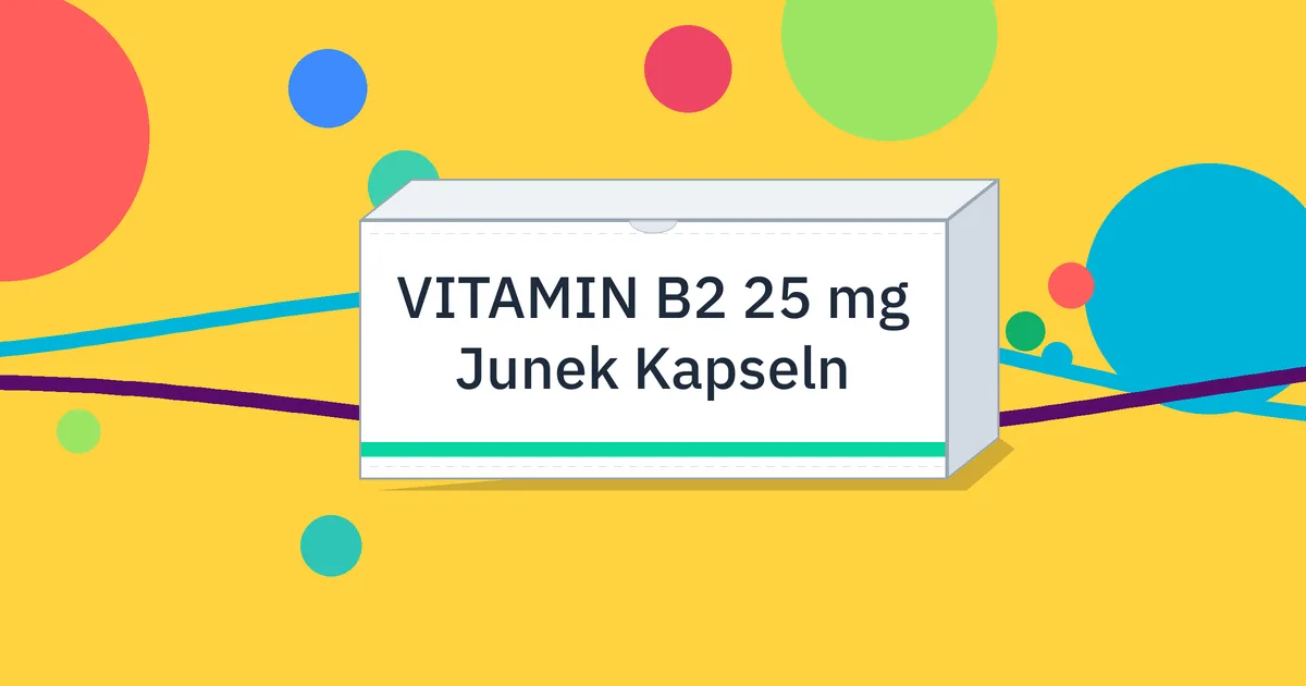 Symbolbild: Packung mit der Aufschrift VITAMIN B2 25 mg Junek Kapseln (PZN 16572224) – Verfügbarkeit und Bezug in Apotheken in Frankfurt am Main