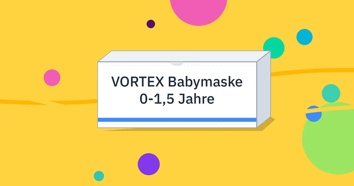 Symbolbild: Packung mit der Aufschrift VORTEX Babymaske 0-1,5 Jahre (PZN 18908119) – Verfügbarkeit und Bezug in Apotheken in Frankfurt am Main