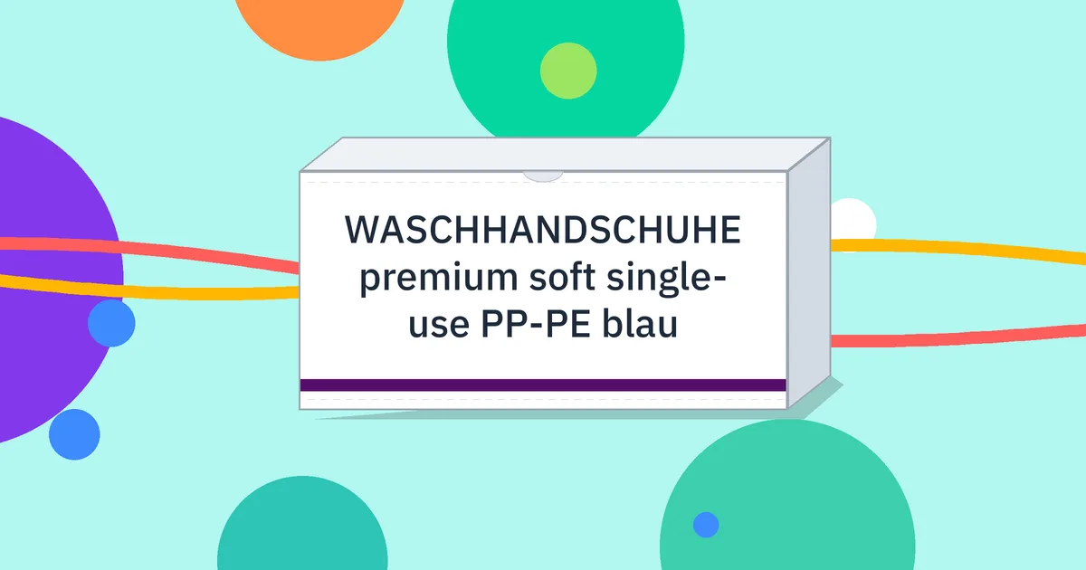 Symbolbild: Packung mit der Aufschrift WASCHHANDSCHUHE premium soft single-use PP-PE blau (PZN 14320688) – Verfügbarkeit und Bezug in Apotheken in Frankfurt am Main