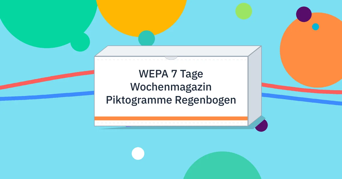 Symbolbild: Packung mit der Aufschrift WEPA 7 Tage Wochenmagazin Piktogramme Regenbogen (PZN 18877962) – Verfügbarkeit und Bezug in Apotheken in Frankfurt am Main
