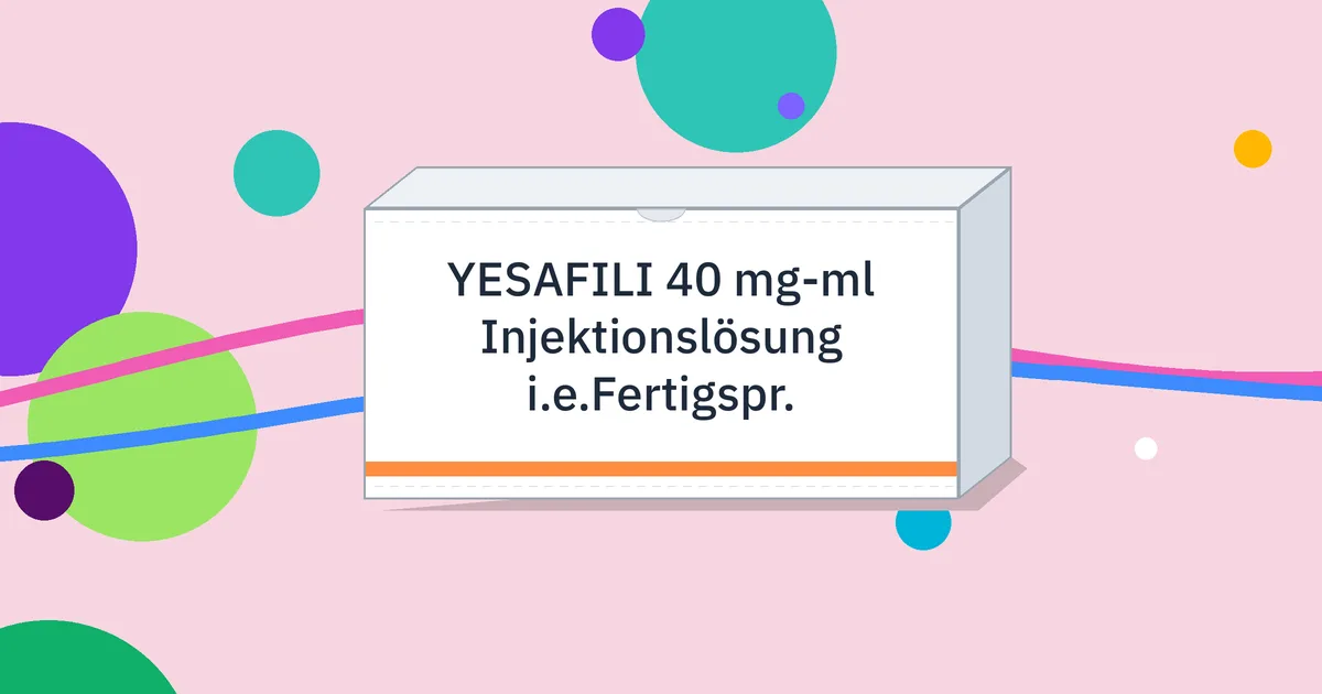 Symbolbild: Packung mit der Aufschrift YESAFILI 40 mg-ml Injektionslösung i.e.Fertigspr. (PZN 19840719) – Verfügbarkeit und Bezug in Apotheken in Frankfurt am Main