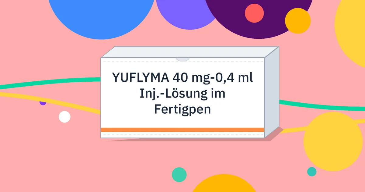 Symbolbild: Packung mit der Aufschrift YUFLYMA 40 mg-0,4 ml Inj.-Lösung im Fertigpen (PZN 18824983) – Verfügbarkeit und Bezug in Apotheken in Frankfurt am Main