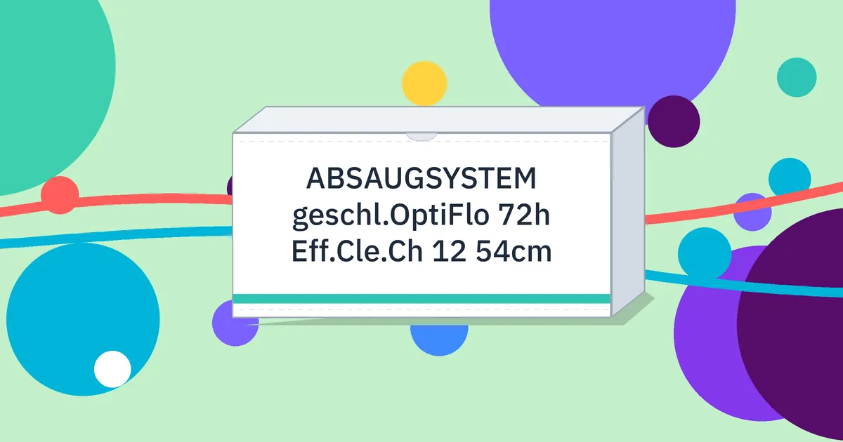 Symbolbild: Packung mit der Aufschrift ABSAUGSYSTEM geschl.OptiFlo 72h Eff.Cle.Ch 12 54cm (PZN 19530580) – Verfügbarkeit und Bezug in Apotheken in Frankfurt am Main