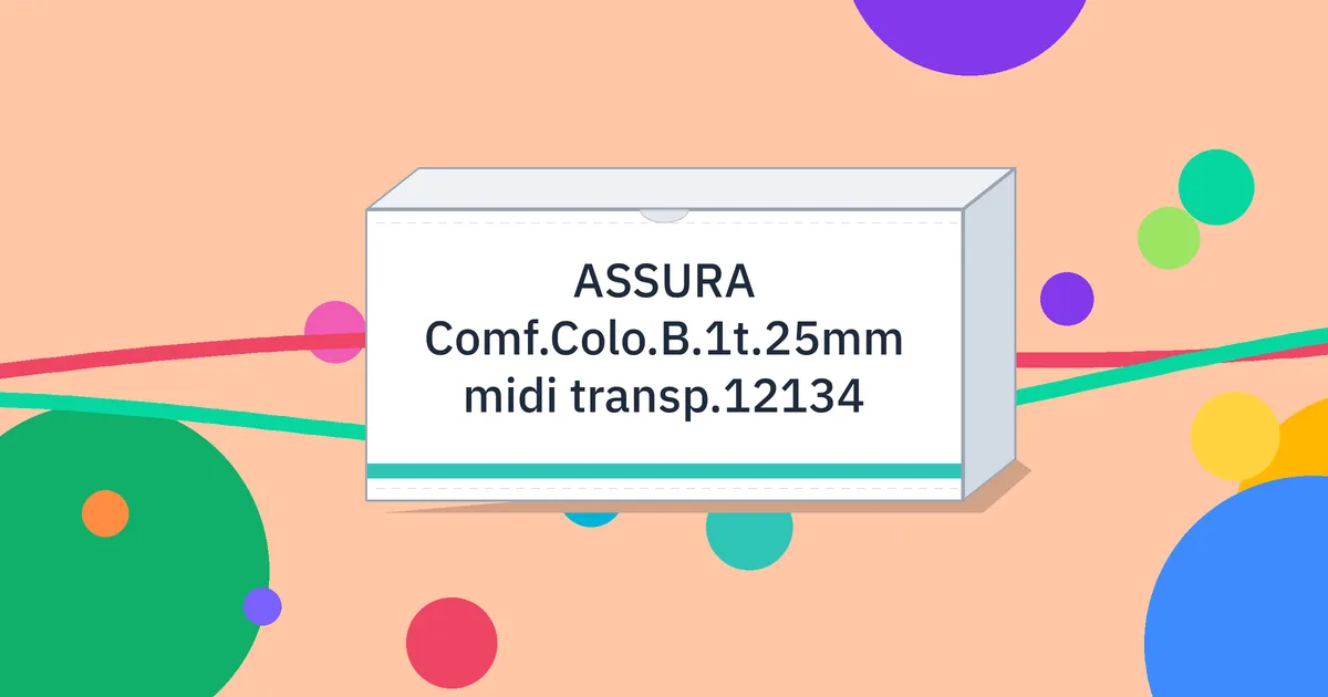Symbolbild: Packung mit der Aufschrift ASSURA Comf.Colo.B.1t.25mm midi transp.12134 (PZN 08996039) – Verfügbarkeit und Bezug in Apotheken in Frankfurt am Main