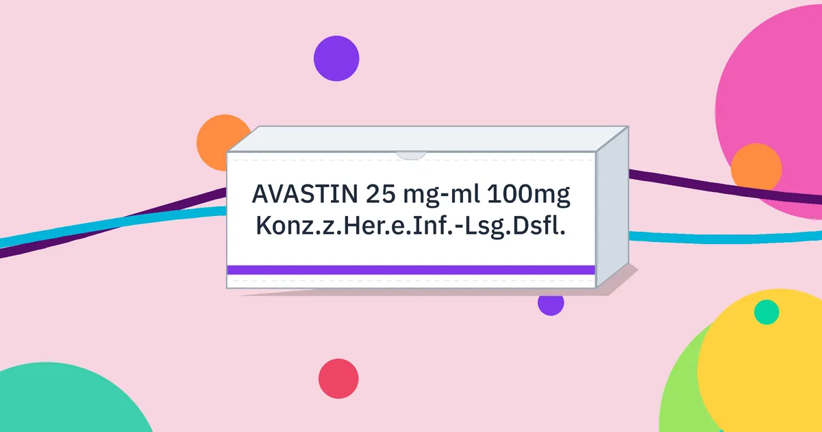 Symbolbild: Packung mit der Aufschrift AVASTIN 25 mg-ml 100mg Konz.z.Her.e.Inf.-Lsg.Dsfl. (PZN 14039046) – Verfügbarkeit und Bezug in Apotheken in Frankfurt am Main