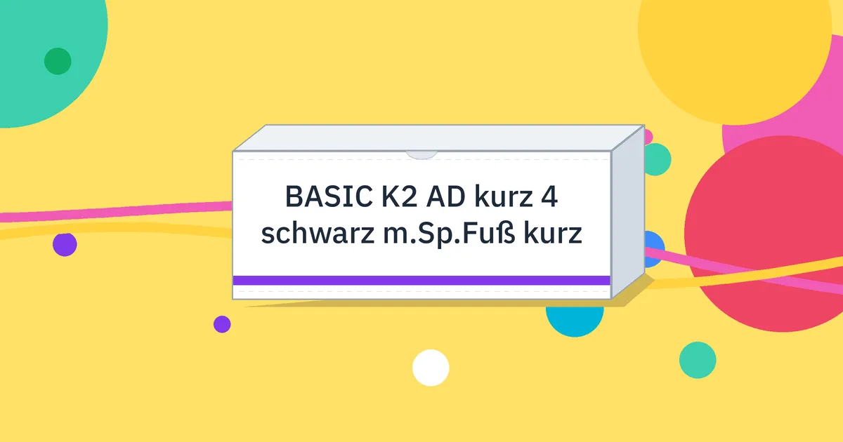 Symbolbild: Packung mit der Aufschrift BASIC K2 AD kurz 4 schwarz m.Sp.Fuß kurz (PZN 20264735) – Verfügbarkeit und Bezug in Apotheken in Frankfurt am Main