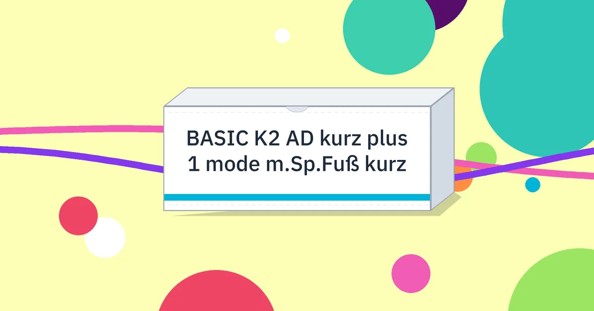 Symbolbild: Packung mit der Aufschrift BASIC K2 AD kurz plus 1 mode m.Sp.Fuß kurz (PZN 20263776) – Verfügbarkeit und Bezug in Apotheken in Frankfurt am Main