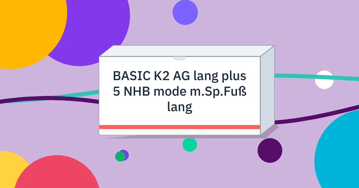 Symbolbild: Packung mit der Aufschrift BASIC K2 AG lang plus 5 NHB mode m.Sp.Fuß lang (PZN 20268182) – Verfügbarkeit und Bezug in Apotheken in Frankfurt am Main