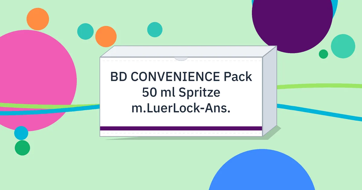 Symbolbild: Packung mit der Aufschrift BD CONVENIENCE Pack 50 ml Spritze m.LuerLock-Ans. (PZN 02082278) – Verfügbarkeit und Bezug in Apotheken in Frankfurt am Main