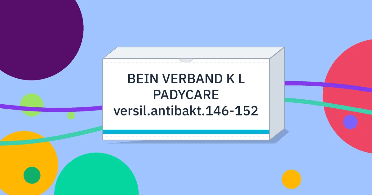 Symbolbild: Packung mit der Aufschrift BEIN VERBAND K L PADYCARE versil.antibakt.146-152 (PZN 10938718) – Verfügbarkeit und Bezug in Apotheken in Frankfurt am Main