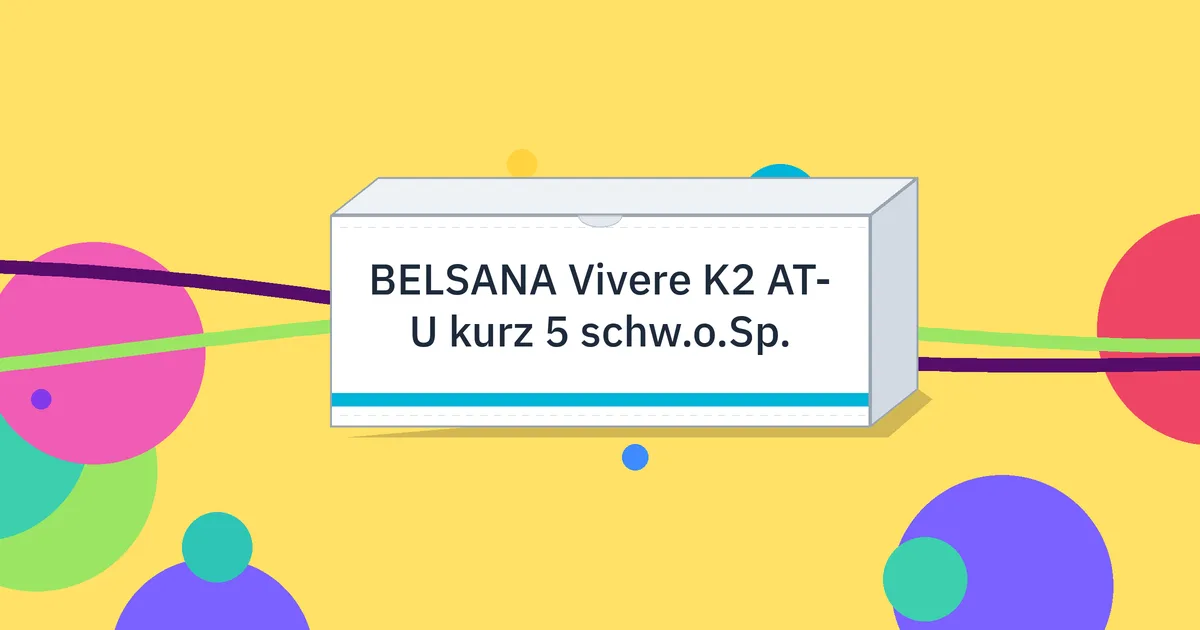 Symbolbild: Packung mit der Aufschrift BELSANA Vivere K2 AT-U kurz 5 schw.o.Sp. (PZN 08539425) – Verfügbarkeit und Bezug in Apotheken in Frankfurt am Main