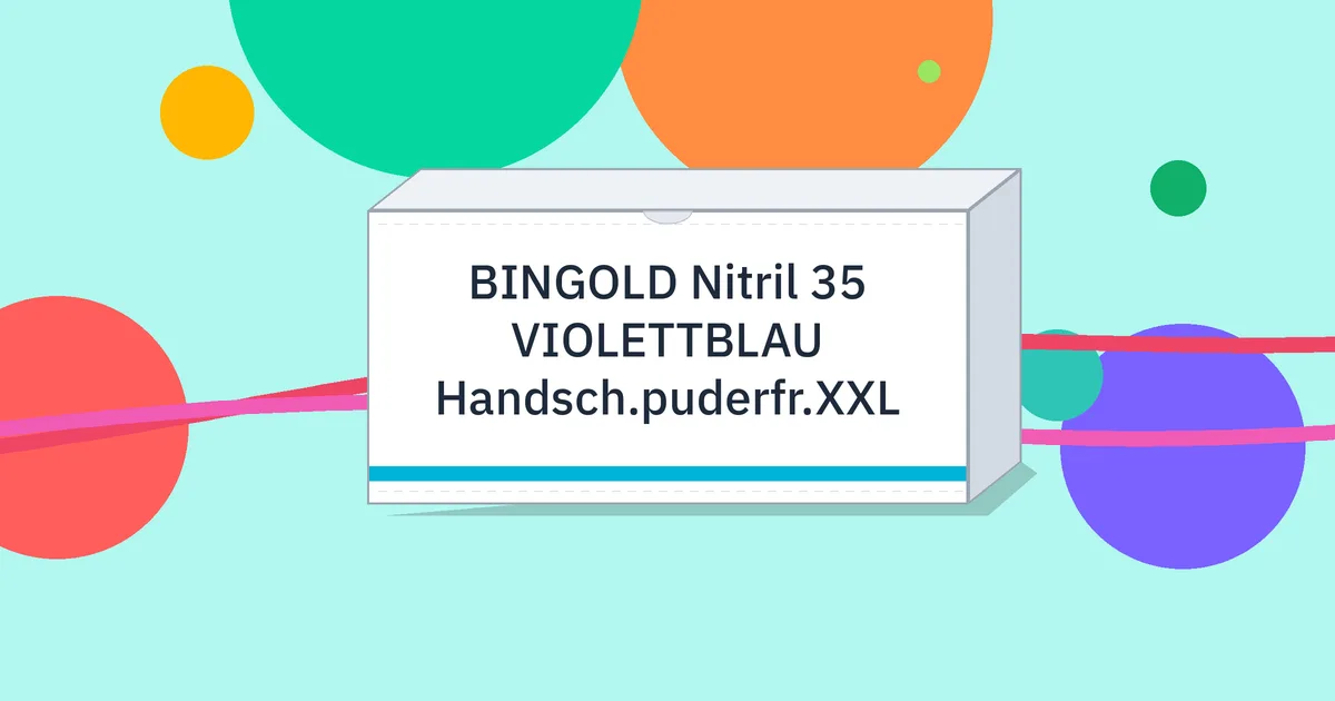 Symbolbild: Packung mit der Aufschrift BINGOLD Nitril 35 VIOLETTBLAU Handsch.puderfr.XXL (PZN 19095380) – Verfügbarkeit und Bezug in Apotheken in Frankfurt am Main