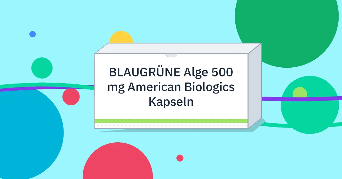 Symbolbild: Packung mit der Aufschrift BLAUGRÜNE Alge 500 mg American Biologics Kapseln (PZN 19919562) – Verfügbarkeit und Bezug in Apotheken in Frankfurt am Main