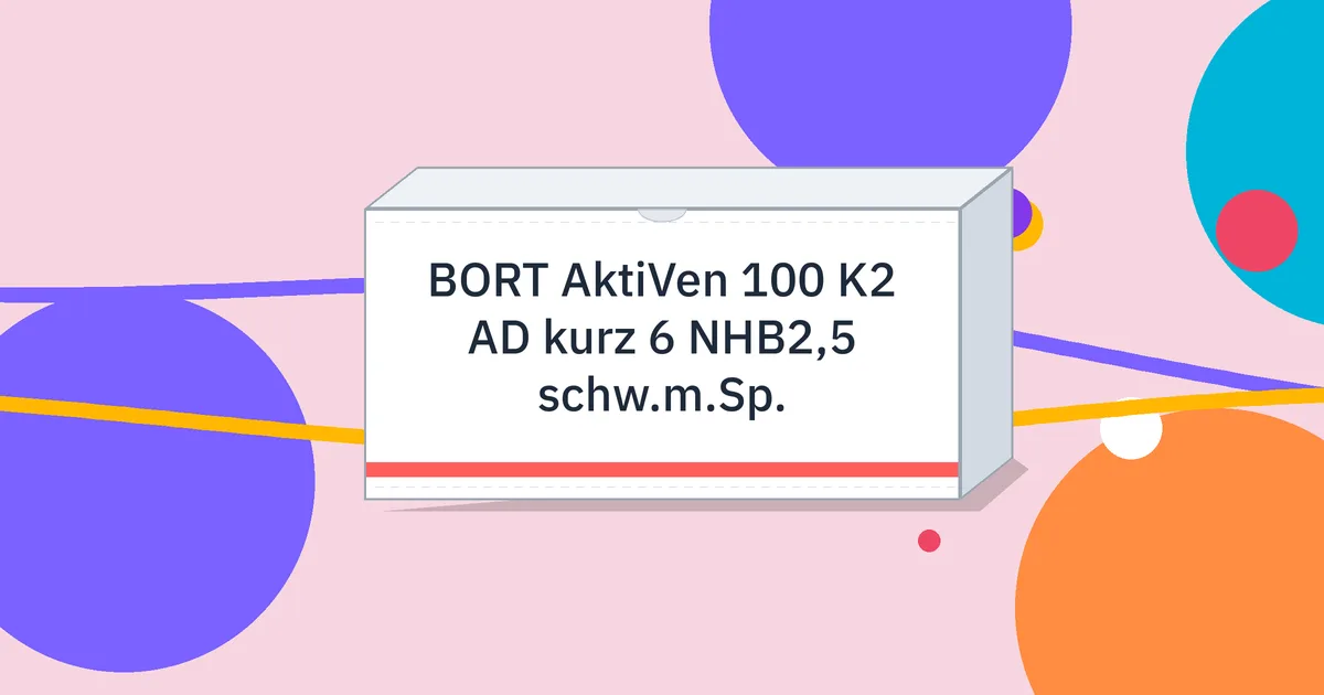 Symbolbild: Packung mit der Aufschrift BORT AktiVen 100 K2 AD kurz 6 NHB2,5 schw.m.Sp. (PZN 17501918) – Verfügbarkeit und Bezug in Apotheken in Frankfurt am Main