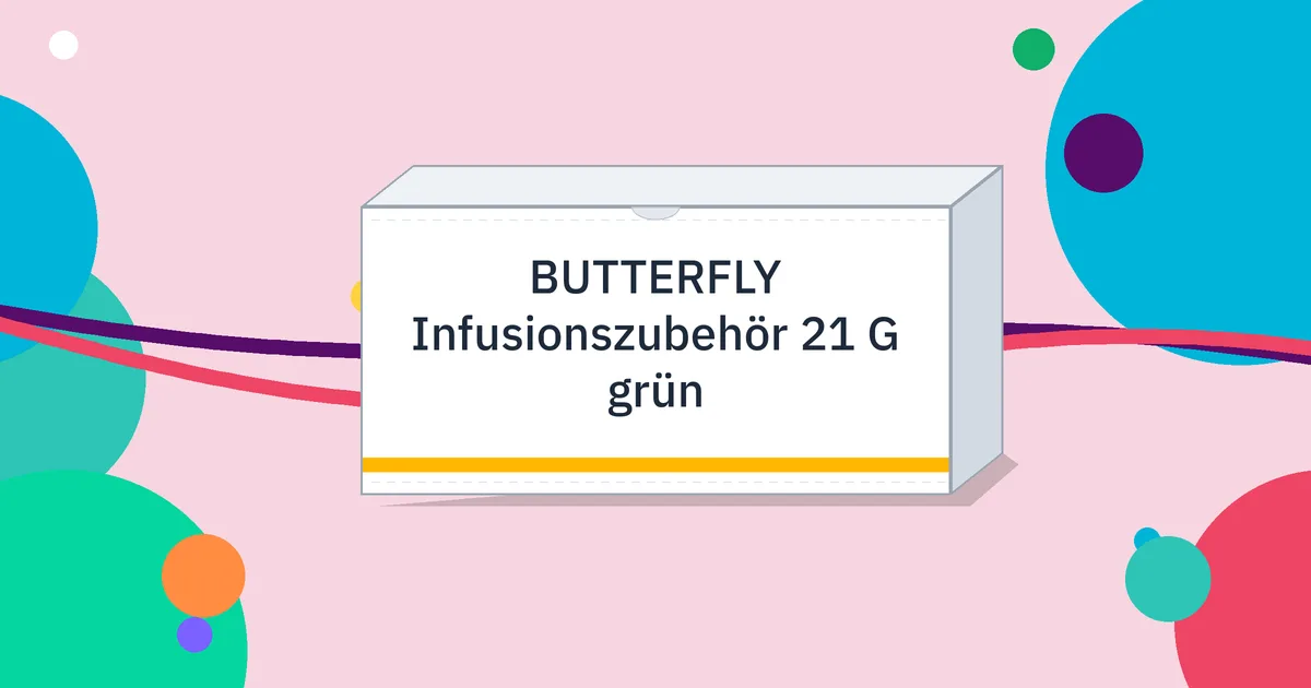 Symbolbild: Packung mit der Aufschrift BUTTERFLY Infusionszubehör 21 G grün (PZN 10189903) – Verfügbarkeit und Bezug in Apotheken in Frankfurt am Main