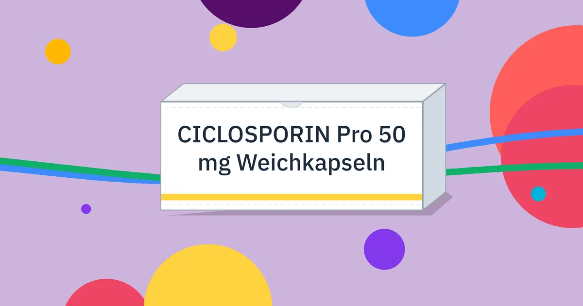Symbolbild: Packung mit der Aufschrift CICLOSPORIN Pro 50 mg Weichkapseln (PZN 19264894) – Verfügbarkeit und Bezug in Apotheken in Frankfurt am Main