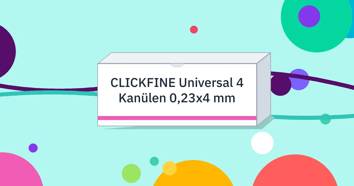 Symbolbild: Packung mit der Aufschrift CLICKFINE Universal 4 Kanülen 0,23x4 mm (PZN 17900630) – Verfügbarkeit und Bezug in Apotheken in Frankfurt am Main