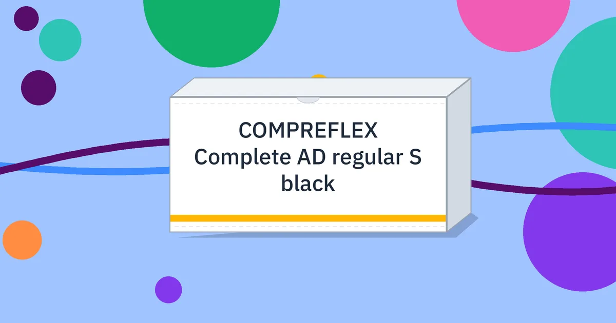 Symbolbild: Packung mit der Aufschrift COMPREFLEX Complete AD regular S black (PZN 19535235) – Verfügbarkeit und Bezug in Apotheken in Frankfurt am Main