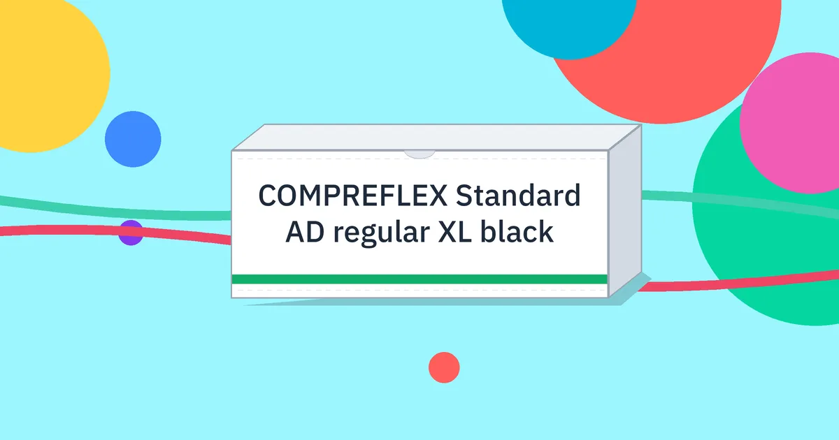 Symbolbild: Packung mit der Aufschrift COMPREFLEX Standard AD regular XL black (PZN 19534968) – Verfügbarkeit und Bezug in Apotheken in Frankfurt am Main