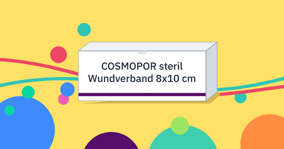 Symbolbild: Packung mit der Aufschrift COSMOPOR steril Wundverband 8x10 cm (PZN 19745777) – Verfügbarkeit und Bezug in Apotheken in Frankfurt am Main