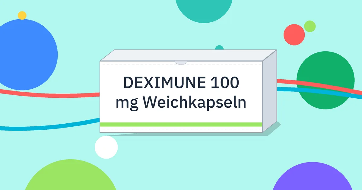Symbolbild: Packung mit der Aufschrift DEXIMUNE 100 mg Weichkapseln (PZN 06056473) – Verfügbarkeit und Bezug in Apotheken in Frankfurt am Main