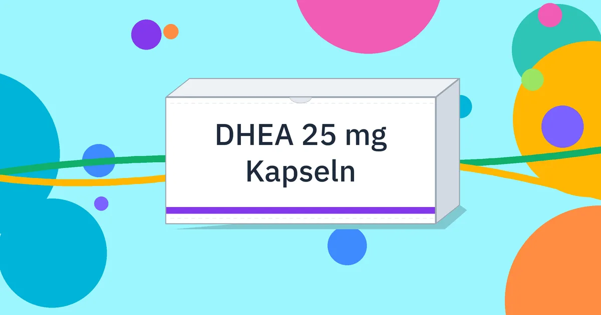 Symbolbild: Packung mit der Aufschrift DHEA 25 mg Kapseln (PZN 16564928) – Verfügbarkeit und Bezug in Apotheken in Frankfurt am Main