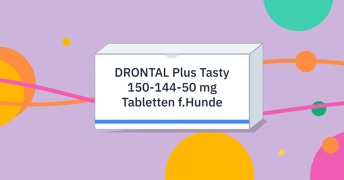 Symbolbild: Packung mit der Aufschrift DRONTAL Plus Tasty 150-144-50 mg Tabletten f.Hunde (PZN 10989207) – Verfügbarkeit und Bezug in Apotheken in Frankfurt am Main