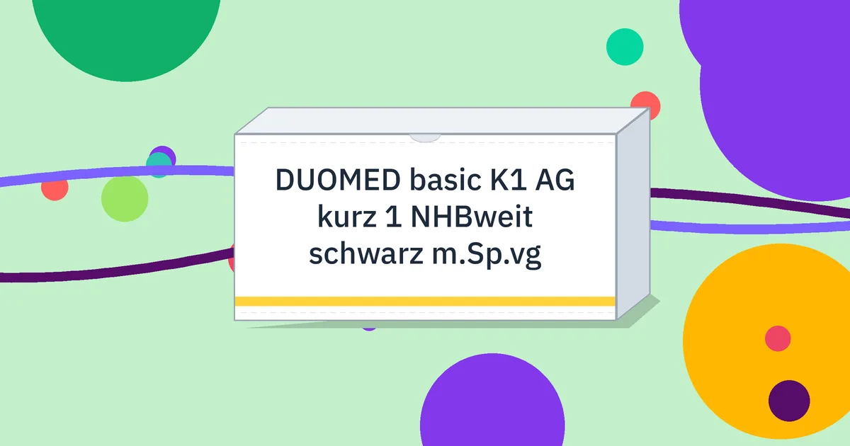 Symbolbild: Packung mit der Aufschrift DUOMED basic K1 AG kurz 1 NHBweit schwarz m.Sp.vg (PZN 20905134) – Verfügbarkeit und Bezug in Apotheken in Frankfurt am Main