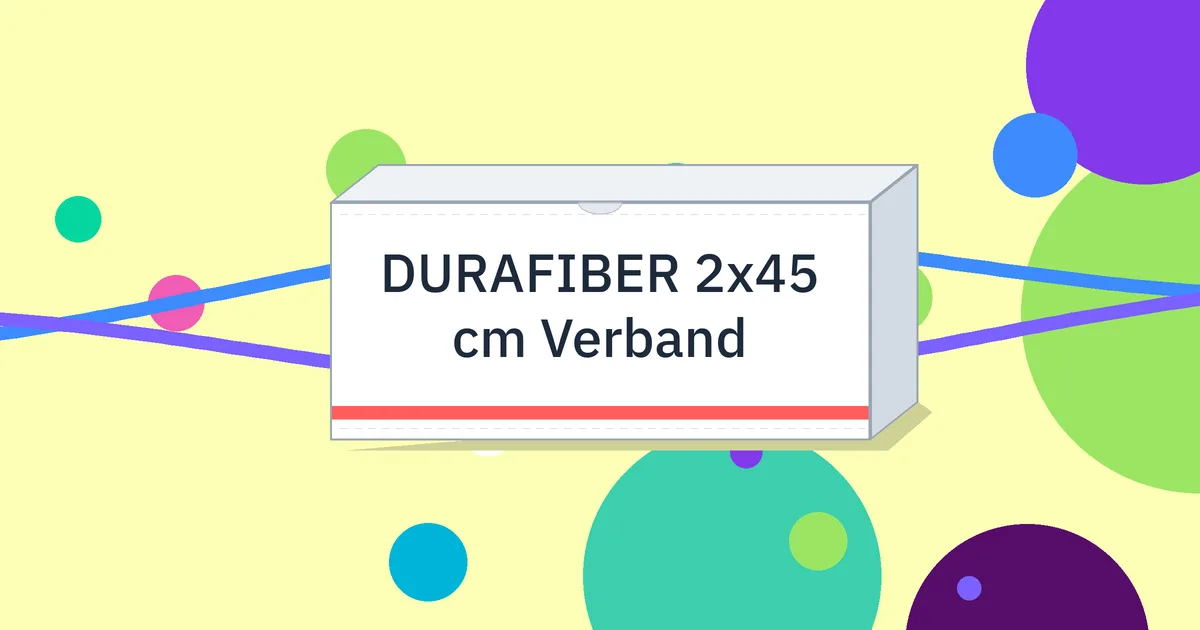 Symbolbild: Packung mit der Aufschrift DURAFIBER 2x45 cm Verband (PZN 03425993) – Verfügbarkeit und Bezug in Apotheken in Frankfurt am Main