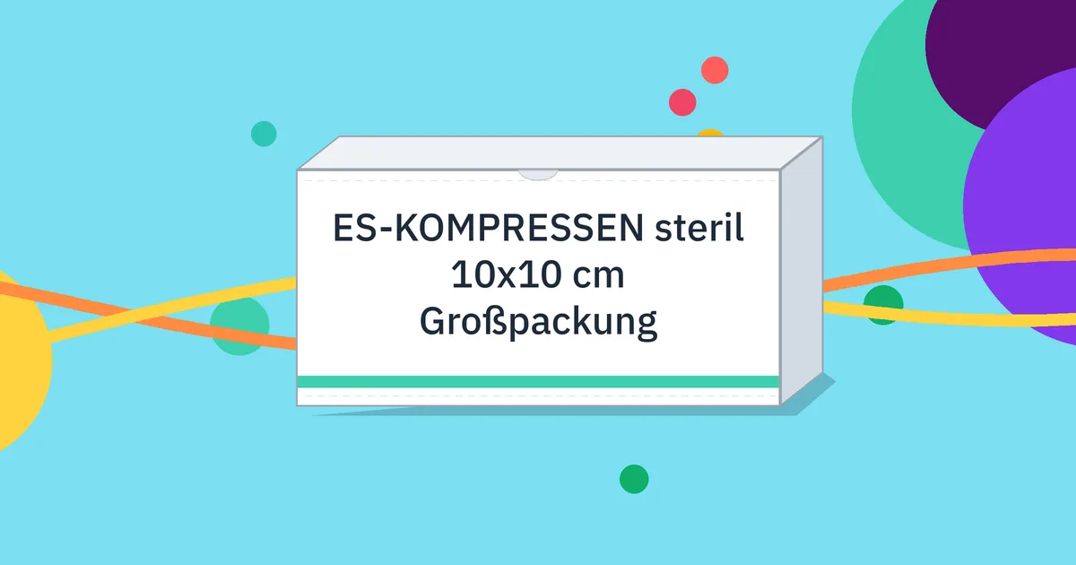 Symbolbild: Packung mit der Aufschrift ES-KOMPRESSEN steril 10x10 cm Großpackung (PZN 16596265) – Verfügbarkeit und Bezug in Apotheken in Frankfurt am Main