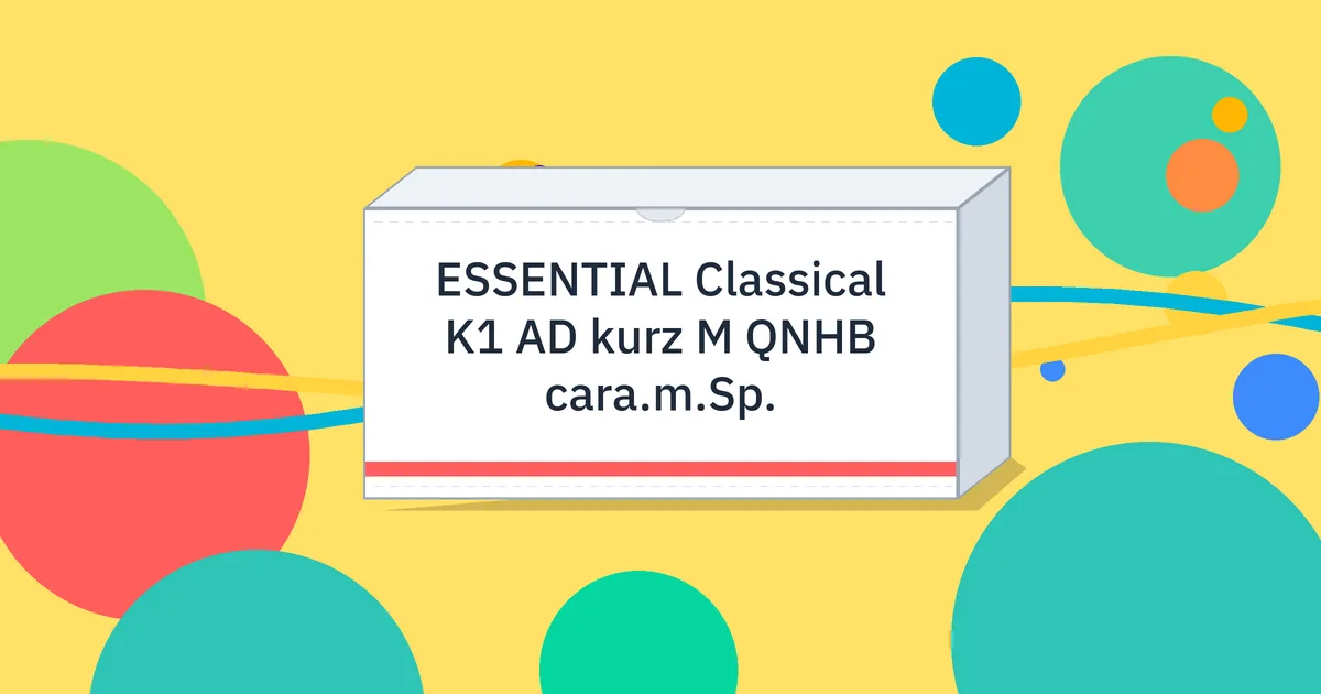 Symbolbild: Packung mit der Aufschrift ESSENTIAL Classical K1 AD kurz M QNHB cara.m.Sp. (PZN 18866846) – Verfügbarkeit und Bezug in Apotheken in Frankfurt am Main