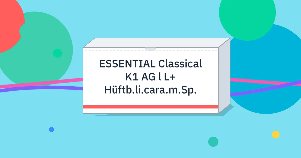 Symbolbild: Packung mit der Aufschrift ESSENTIAL Classical K1 AG l L+ Hüftb.li.cara.m.Sp. (PZN 17011634) – Verfügbarkeit und Bezug in Apotheken in Frankfurt am Main
