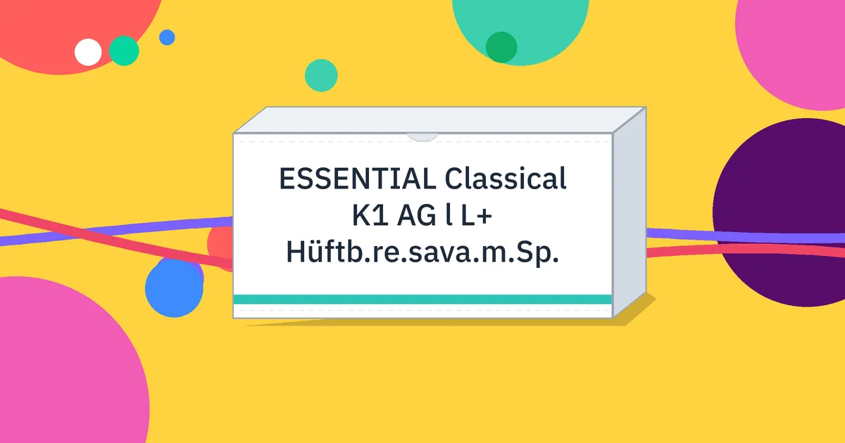 Symbolbild: Packung mit der Aufschrift ESSENTIAL Classical K1 AG l L+ Hüftb.re.sava.m.Sp. (PZN 17013107) – Verfügbarkeit und Bezug in Apotheken in Frankfurt am Main