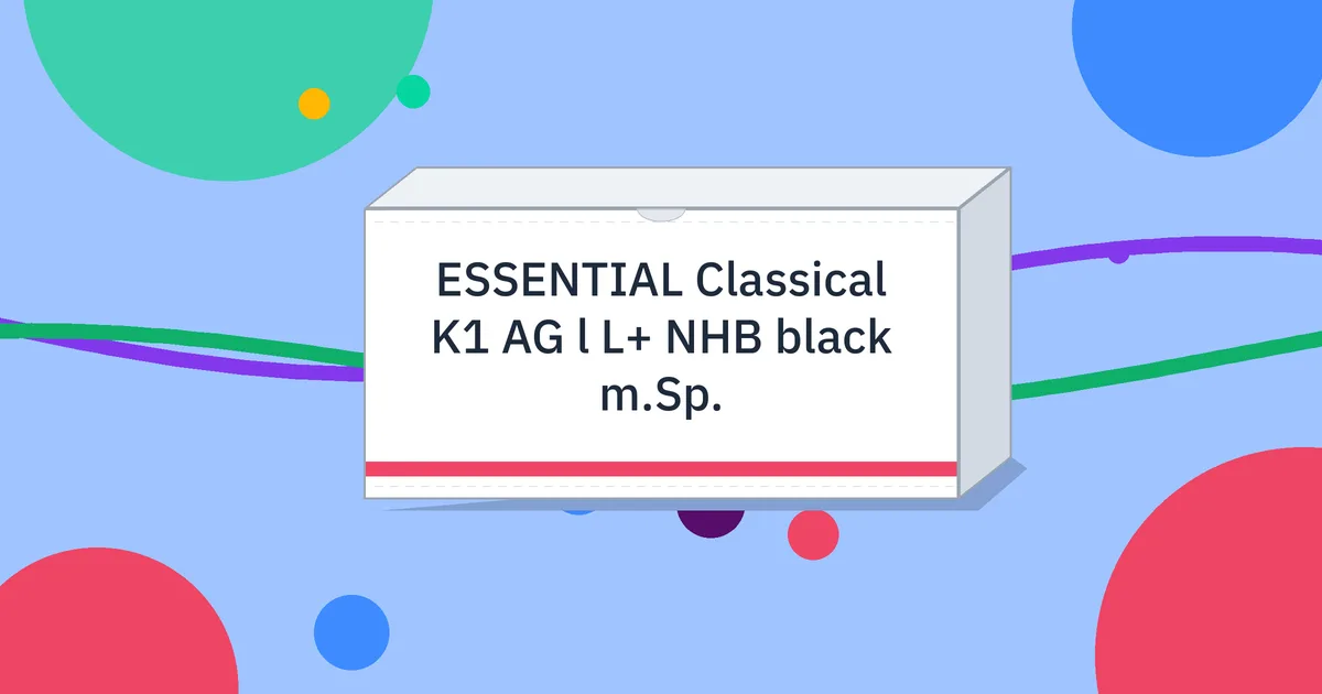 Symbolbild: Packung mit der Aufschrift ESSENTIAL Classical K1 AG l L+ NHB black m.Sp. (PZN 17002641) – Verfügbarkeit und Bezug in Apotheken in Frankfurt am Main