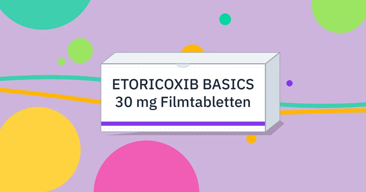 Symbolbild: Packung mit der Aufschrift ETORICOXIB BASICS 30 mg Filmtabletten (PZN 13153194) – Verfügbarkeit und Bezug in Apotheken in Frankfurt am Main