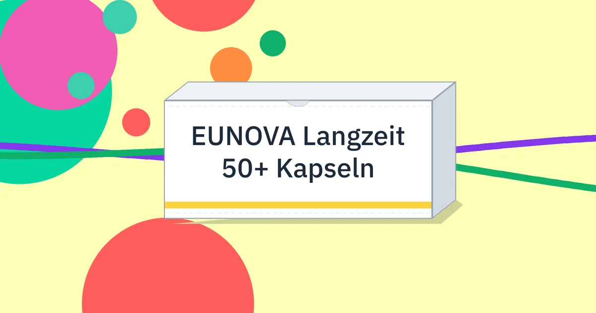 Symbolbild: Packung mit der Aufschrift EUNOVA Langzeit 50+ Kapseln (PZN 11084388) – Verfügbarkeit und Bezug in Apotheken in Frankfurt am Main