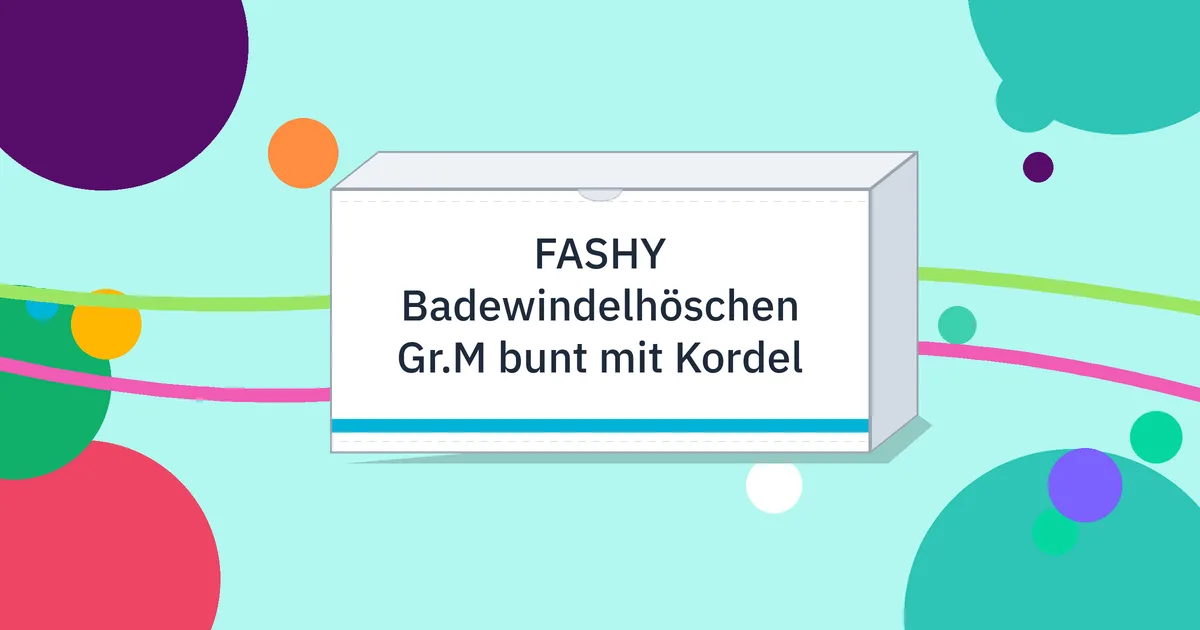 Symbolbild: Packung mit der Aufschrift FASHY Badewindelhöschen Gr.M bunt mit Kordel (PZN 01497712) – Verfügbarkeit und Bezug in Apotheken in Frankfurt am Main