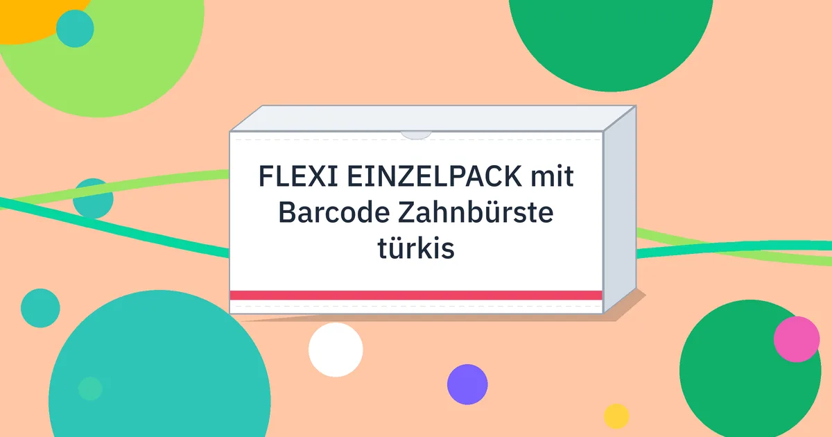 Symbolbild: Packung mit der Aufschrift FLEXI EINZELPACK mit Barcode Zahnbürste türkis (PZN 11124254) – Verfügbarkeit und Bezug in Apotheken in Frankfurt am Main