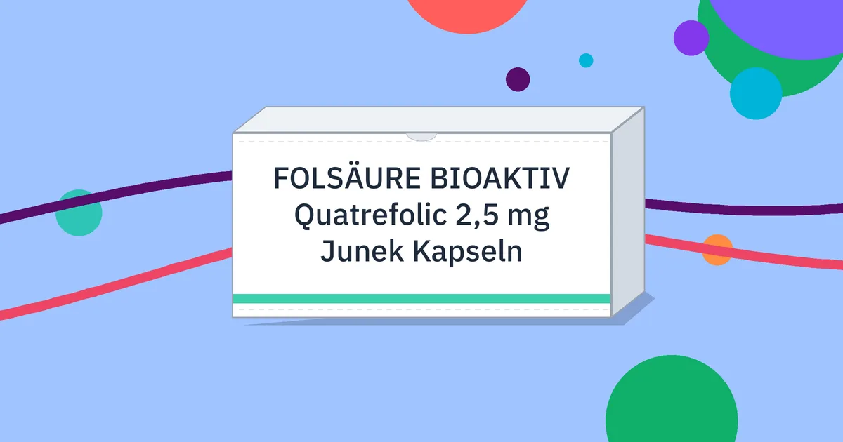 Symbolbild: Packung mit der Aufschrift FOLSÄURE BIOAKTIV Quatrefolic 2,5 mg Junek Kapseln (PZN 18311048) – Verfügbarkeit und Bezug in Apotheken in Frankfurt am Main