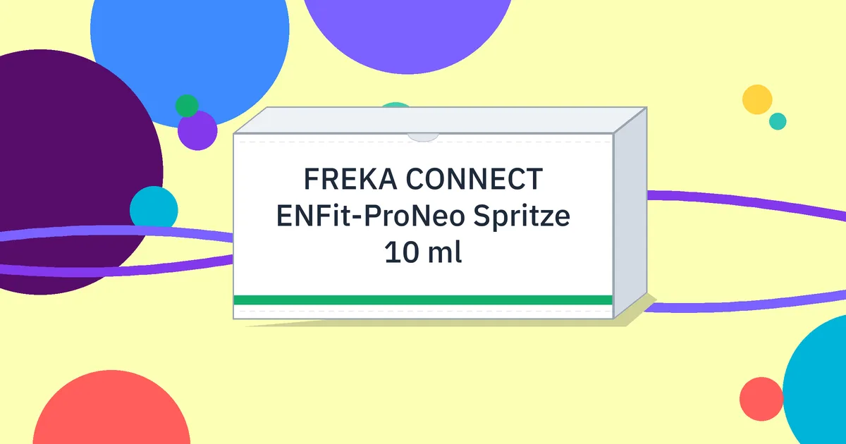 Symbolbild: Packung mit der Aufschrift FREKA CONNECT ENFit-ProNeo Spritze 10 ml (PZN 19523580) – Verfügbarkeit und Bezug in Apotheken in Frankfurt am Main