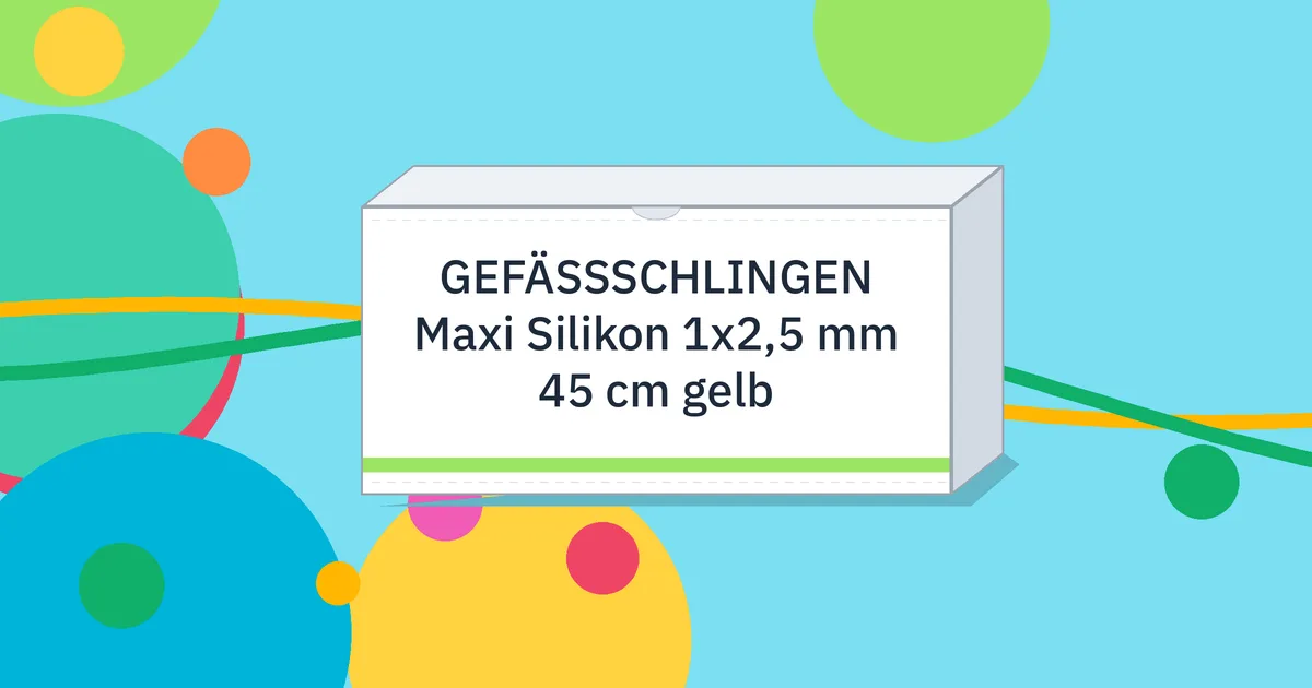 Symbolbild: Packung mit der Aufschrift GEFÄSSSCHLINGEN Maxi Silikon 1x2,5 mm 45 cm gelb (PZN 04500722) – Verfügbarkeit und Bezug in Apotheken in Frankfurt am Main